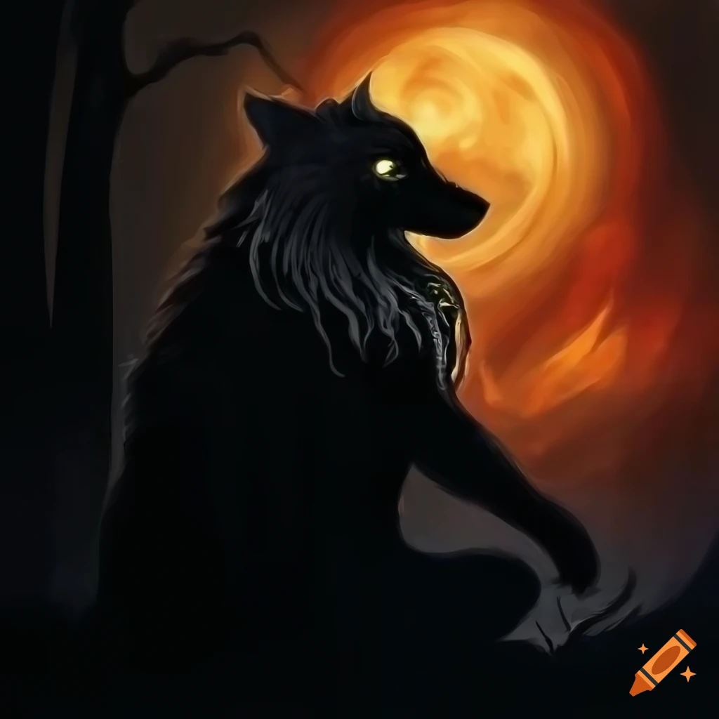 Dark night landscape from Greek mythology with a wolf on Craiyon