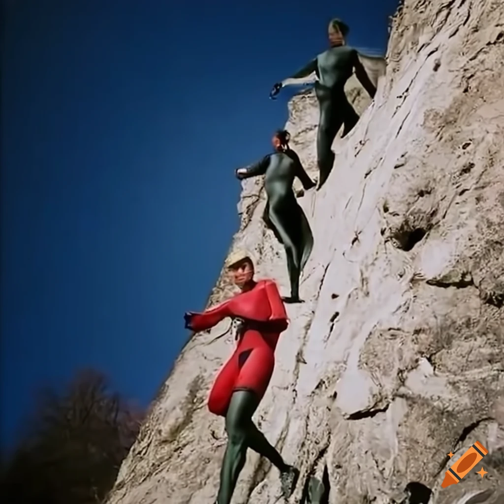 Three people in wetsuits and flippers climbing a hill on Craiyon