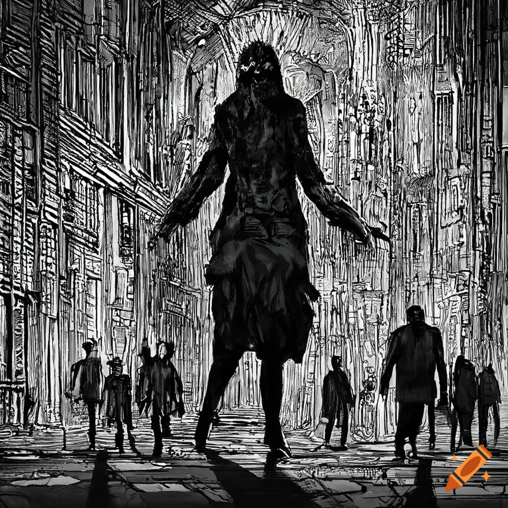 Zombies walking in shadows with a pen-and-ink art style on Craiyon