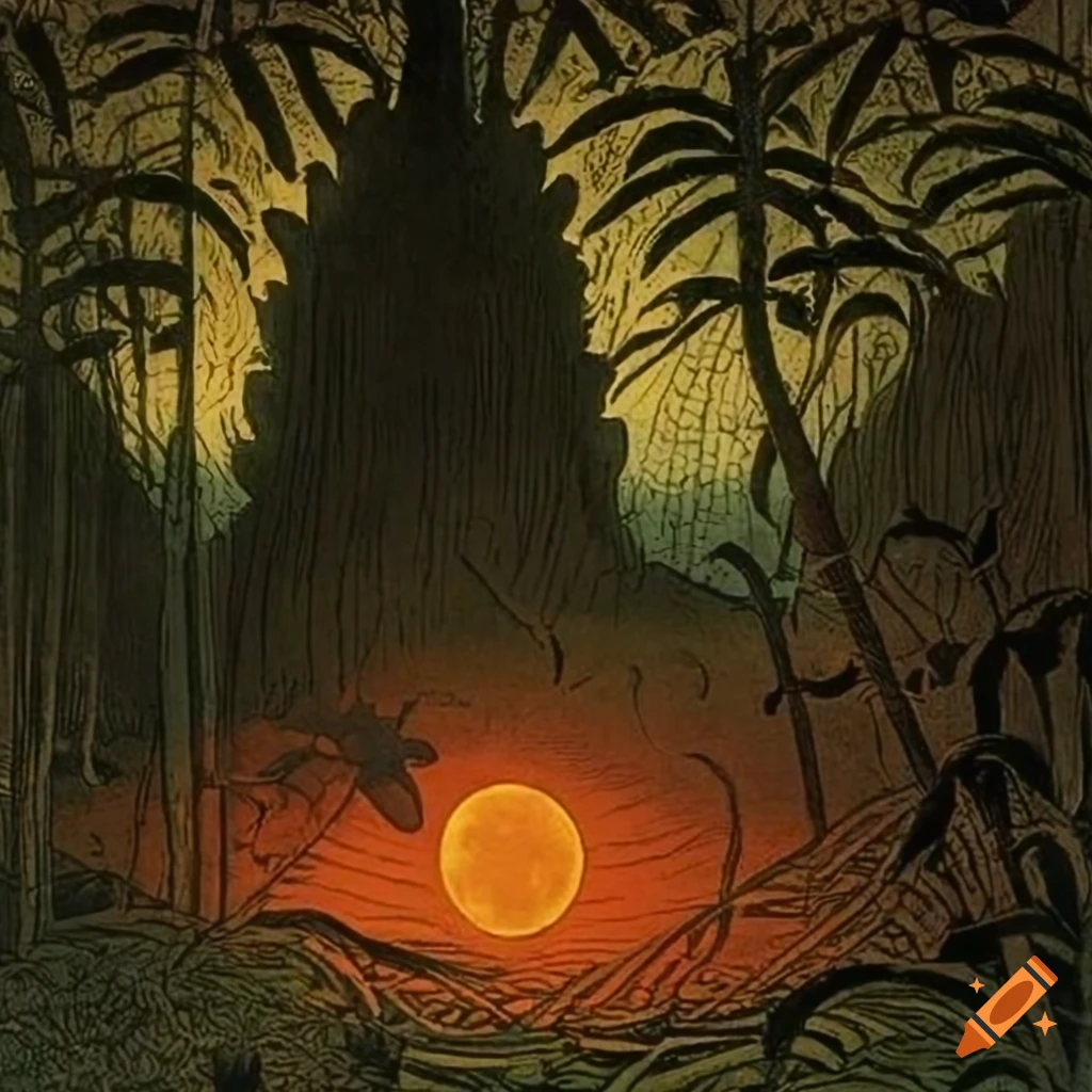Illustration merging Celtic, Japanese, and Viking cultures in the Amazon rainforest at twilight ...