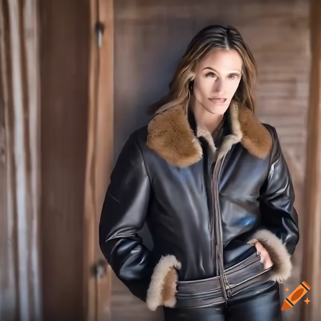 Actress Jennifer Garner lookalike in sheepskin bomber jacket and ...