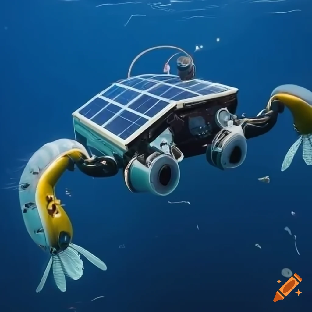 Surface dwelling aquatic robot designed to clean up trash with camera and storage unit on Craiyon