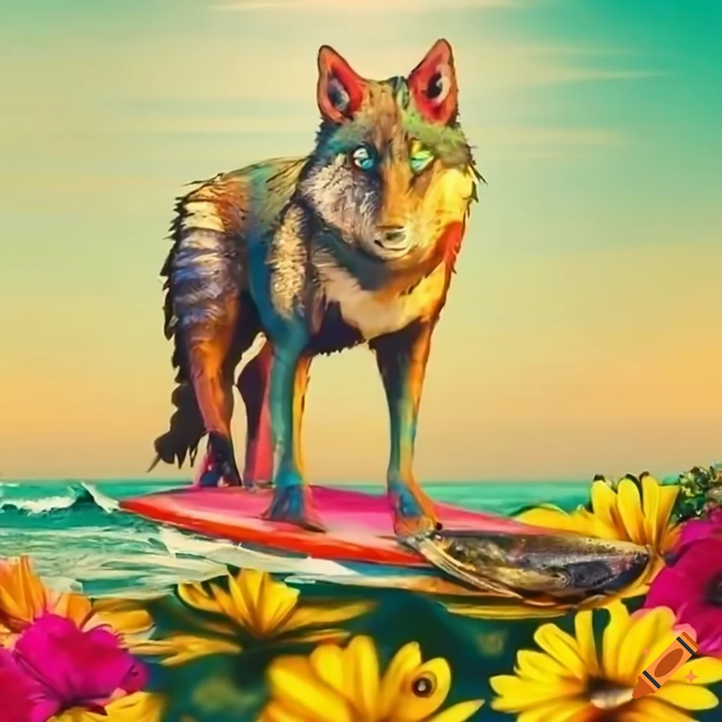 Surfing wolf near grilled sardines and colorful flowers on Craiyon