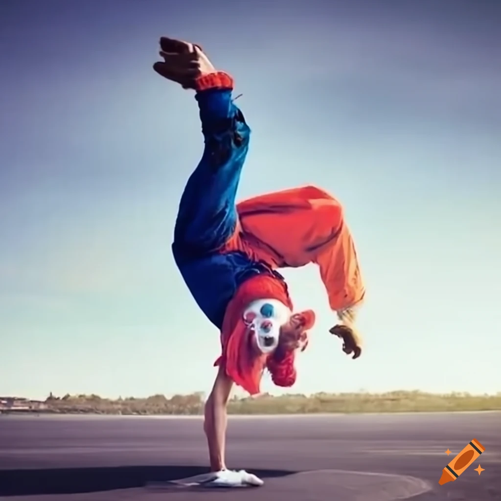 105-year-old man in clown makeup doing a handstand in a parking lot on ...