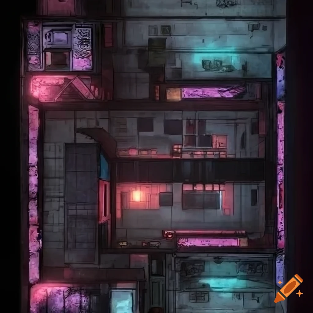 Topdown view of Cyberpunk Red gang base basement battlemap on Craiyon