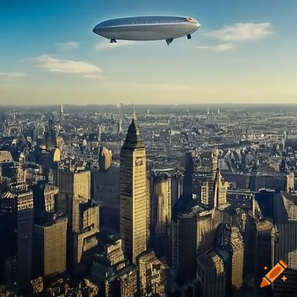 Slim zeppelin flying over gold-gleaming city with skyscrapers and parks on Craiyon