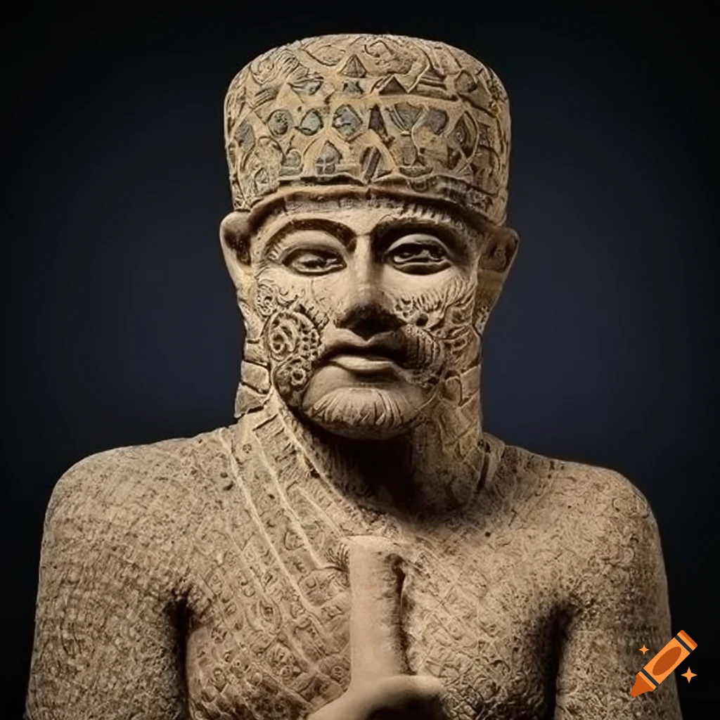 Intricate Ancient Babylonian god's idol with ornate jewelry and ...