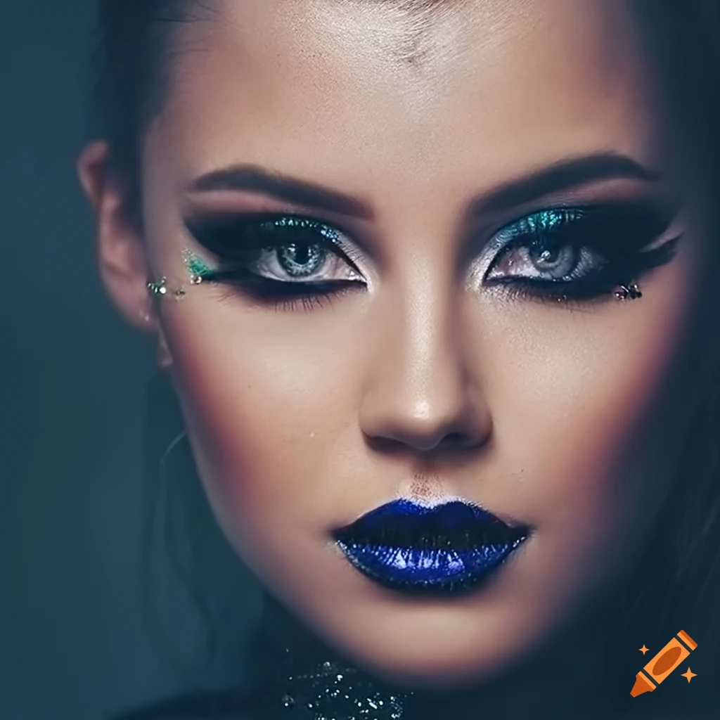 Enchanting woman with glittery makeup in a cinematic studio lighting on ...