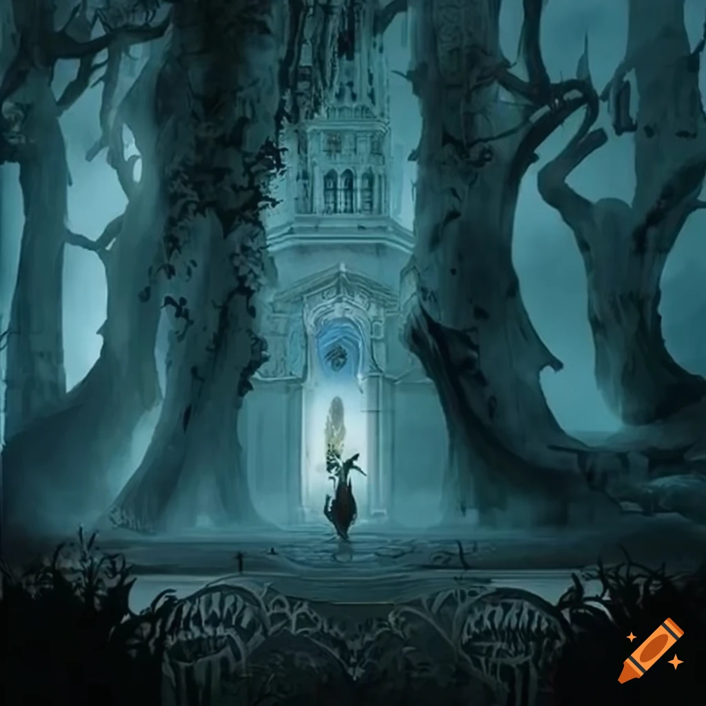 Feywild Gloaming Court palace with large black trees on Craiyon