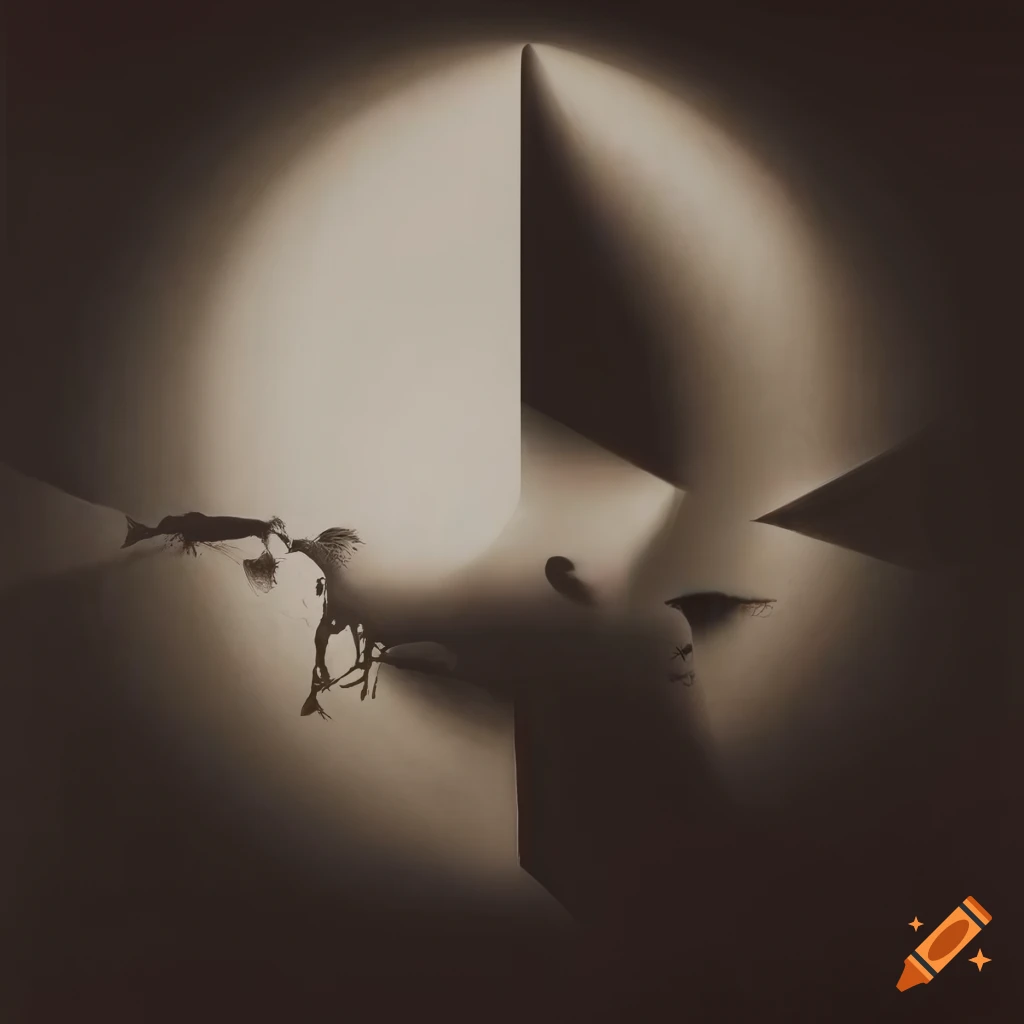 Retro 1950s surrealist art with rooms, windows, and strange forms on ...
