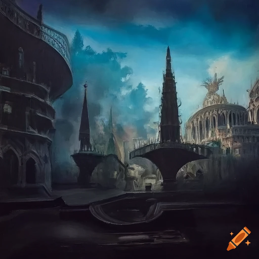 Elaborate surreal landscape with gothic architecture inspired by escher and piranesi in an oil ...