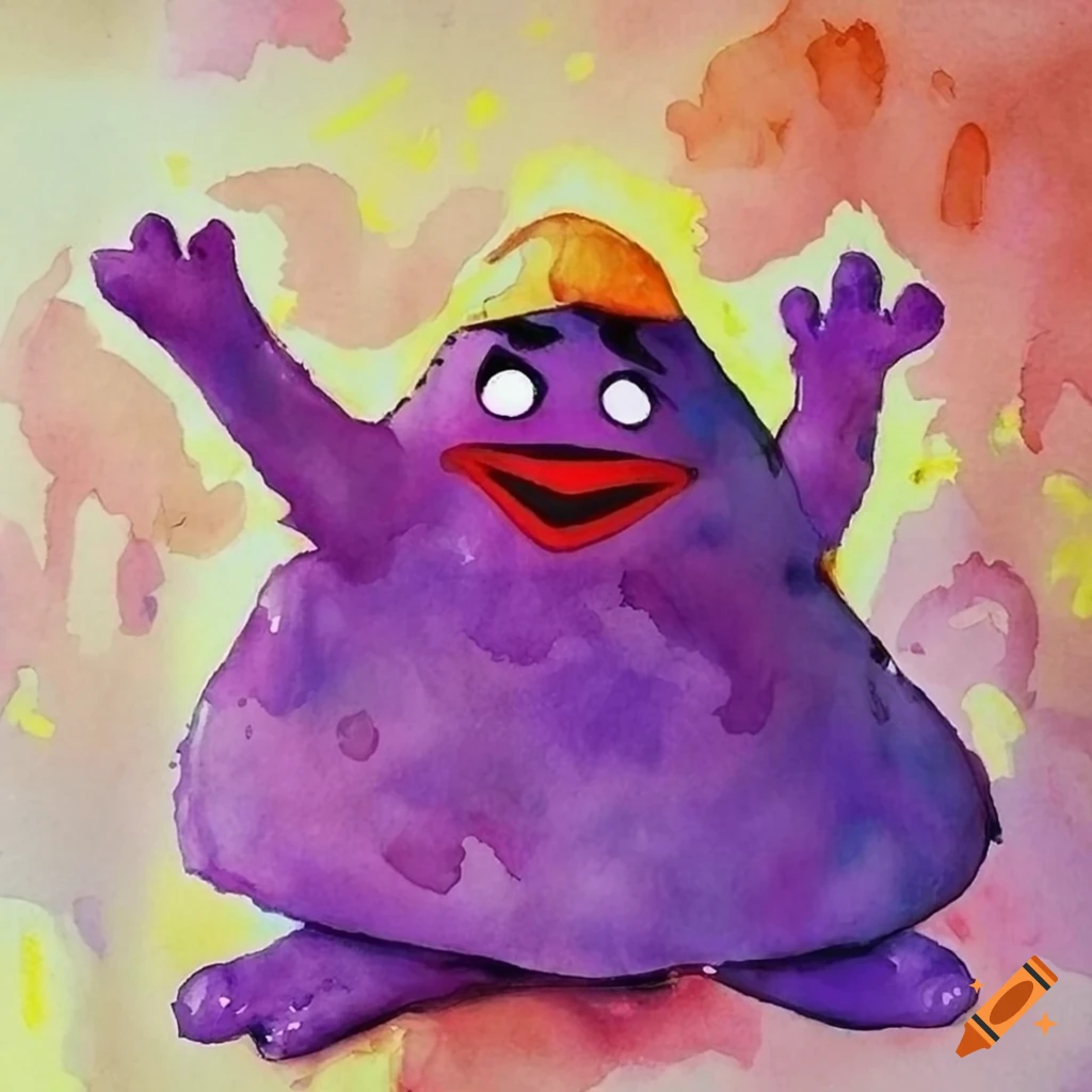 Watercolor painting of mcdonald's grimace character on Craiyon