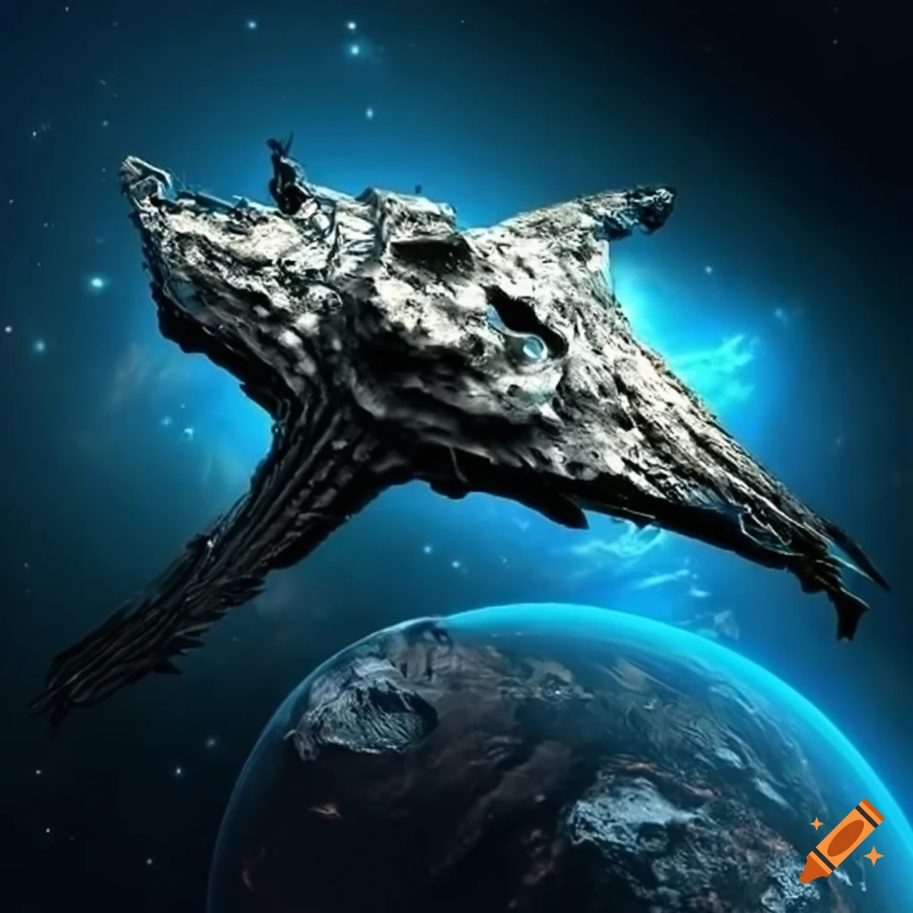 Fantasy-world space ship made from a city-sized asteroid with goblin ...