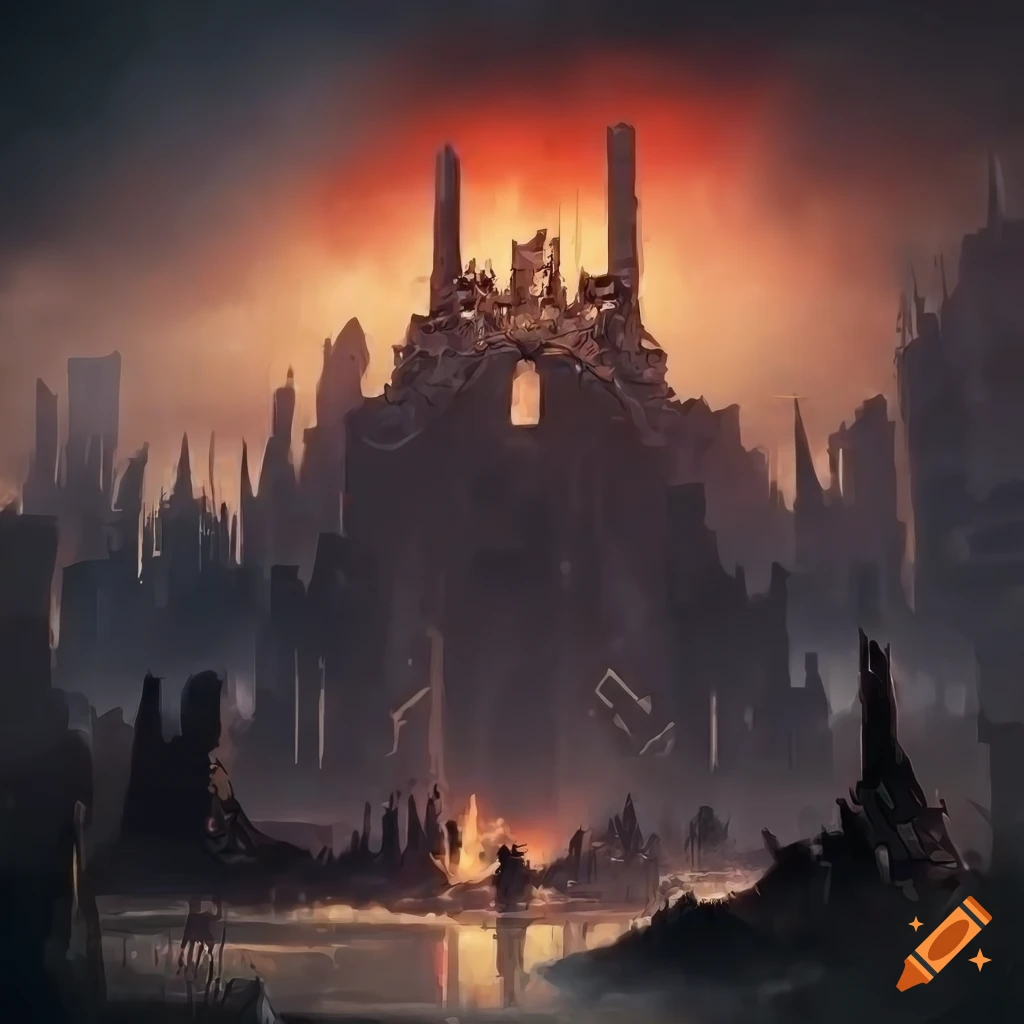 Apocalyptic destroyed landmark in a fantasy world with futuristic ...