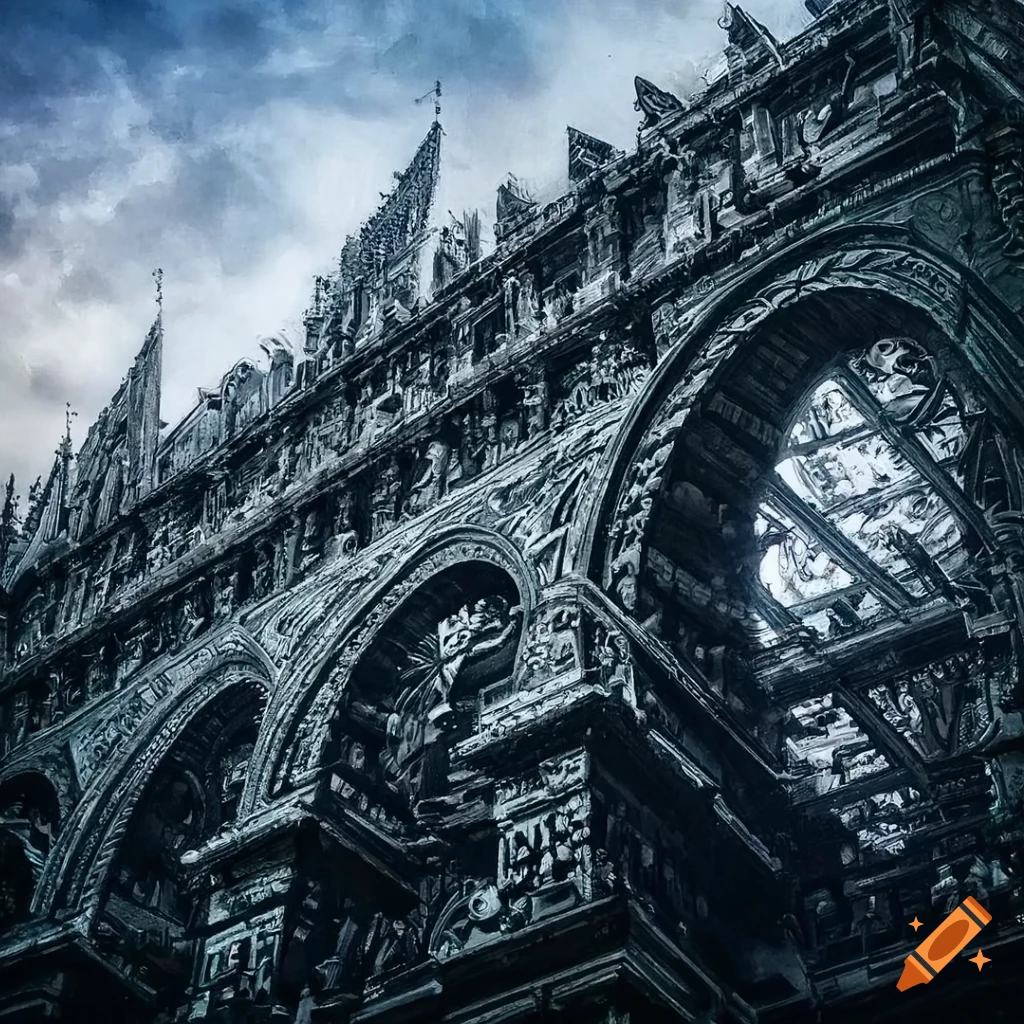Elaborate surreal landscape with gothic architecture inspired by Escher and Piranesi in an oil ...