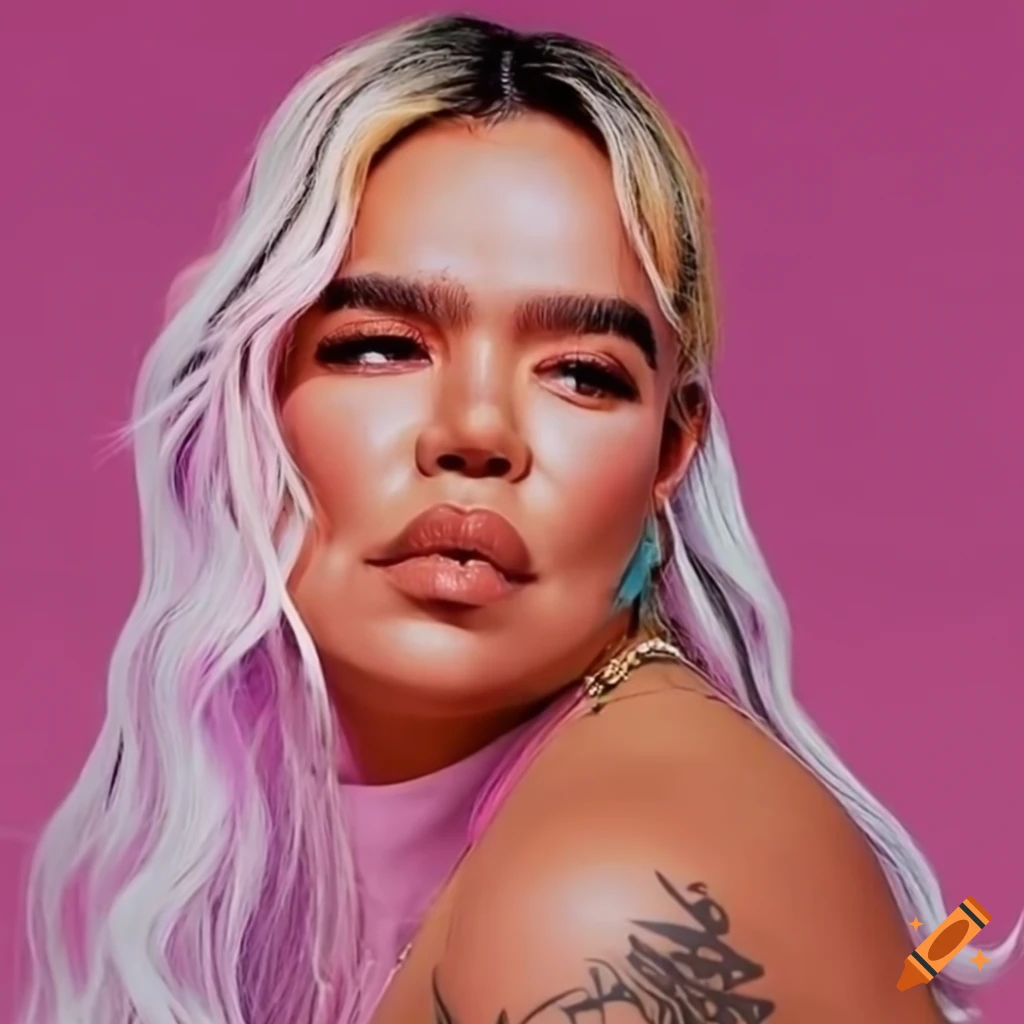 Karol G with blonde hair wearing a pink top on Craiyon