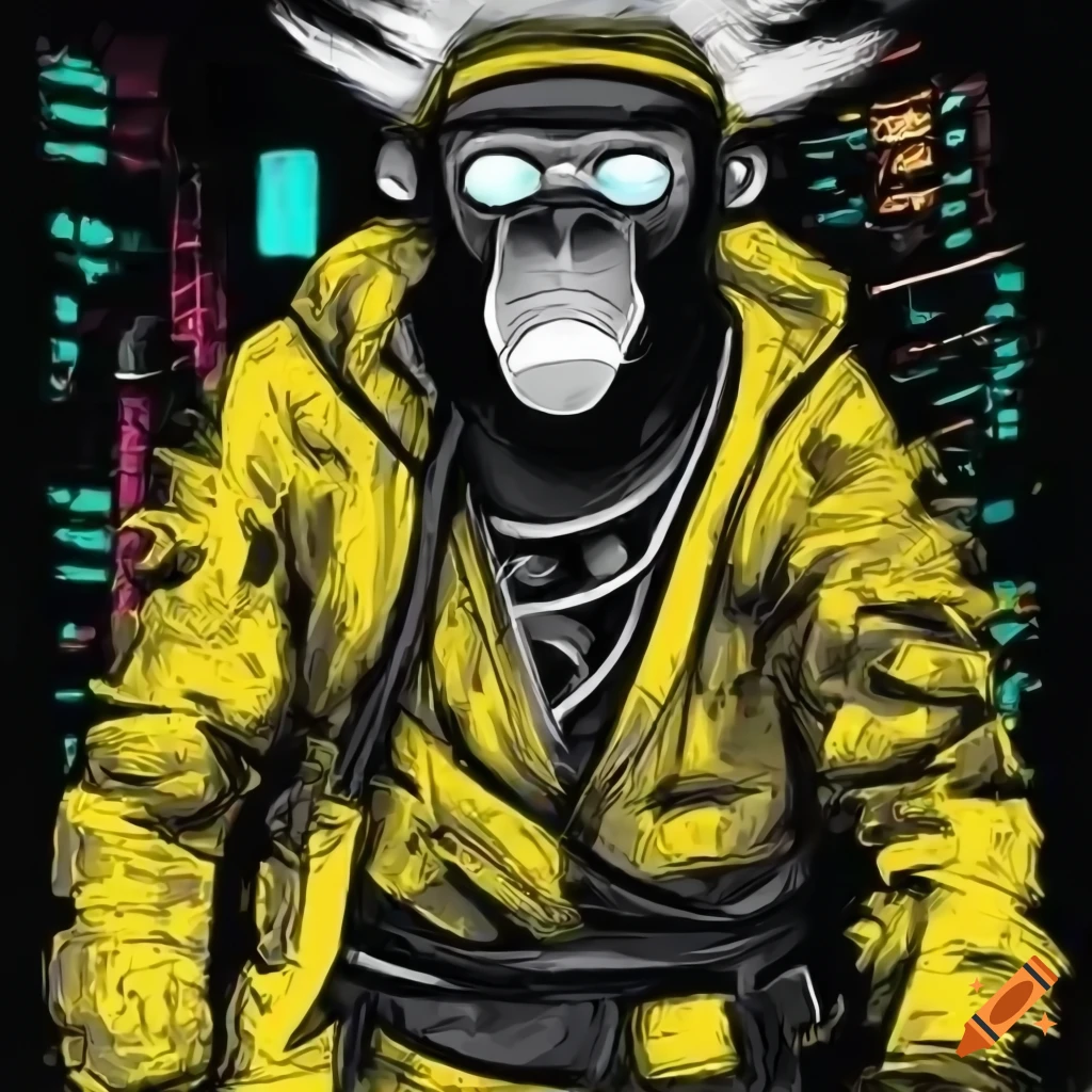 Cartoon cyberpunk ninja monkey in a stylish yellow jacket with gadgets in a cityscape background ...