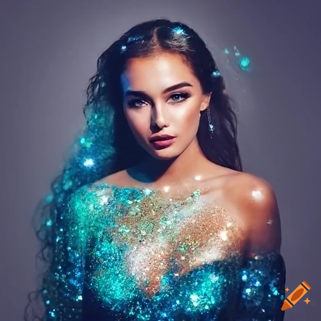 Enchanting woman with glittery makeup under cinematic studio lights on ...