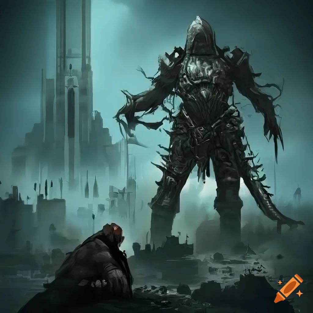 Apocalyptic destroyed landmark with futuristic warriors in a fantasy ...