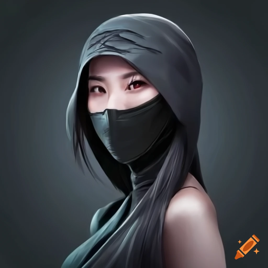Pale Asian female masked ninja with black hair and grey eyes on Craiyon