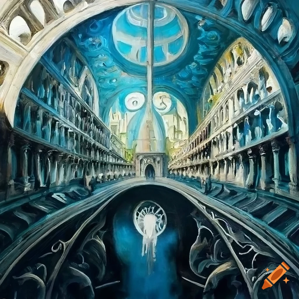 Strange fantasy world with classical architecture in an intricate oil ...