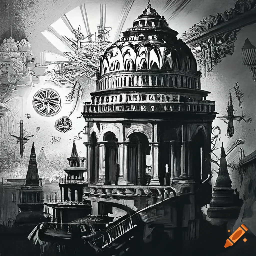 Fantasy world with classical architectural elements in esoteric gothic surrealism style ...