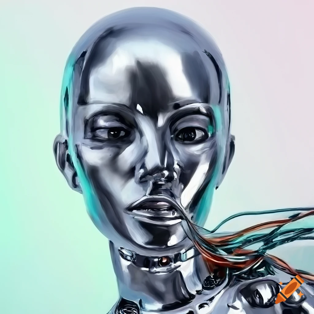 Robot girl with wires, chrome body, and human-like face on white and ...