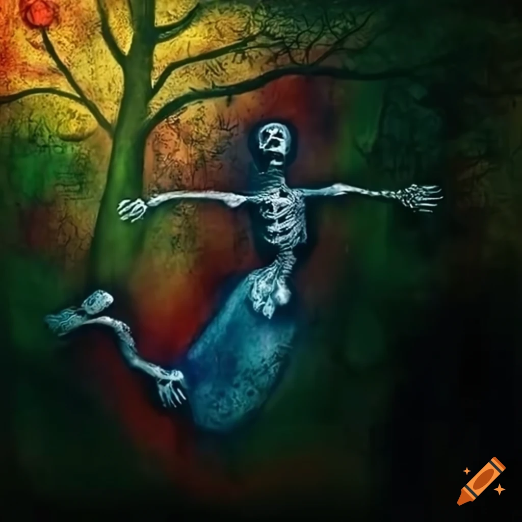 Skeleton dancers in a colorful haunted forest inspired by marc chagall ...