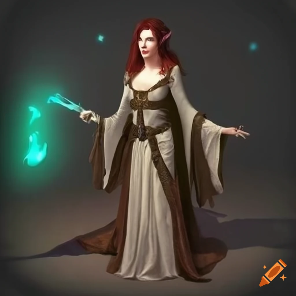 Enchanting female elf in medieval robe casting spell with glowing wand ...