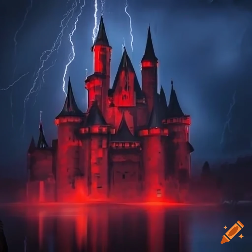 Black and red castle in the rainy thunder night on Craiyon