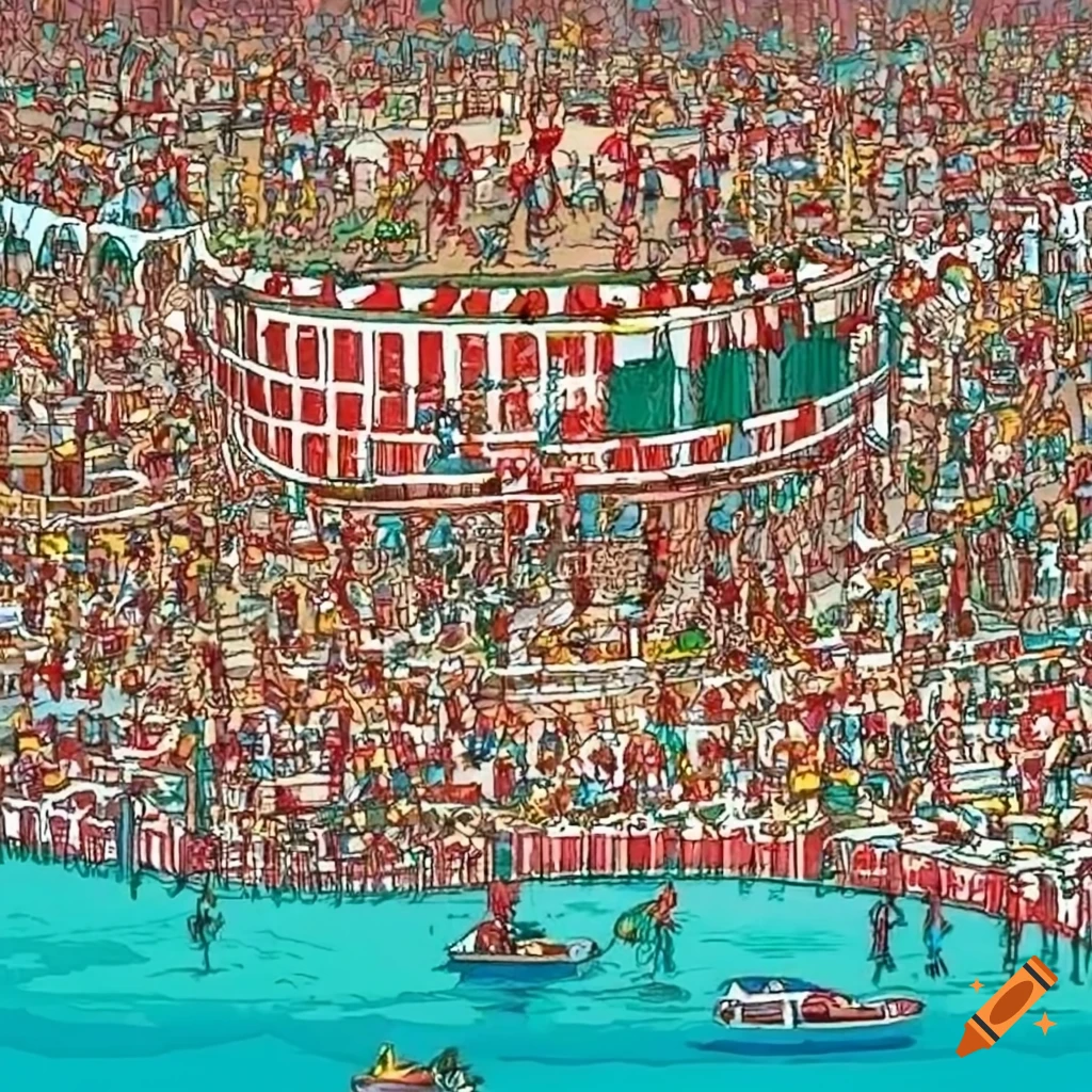 Cartoon Where's Waldo scene at Pearl Harbor with hidden character in ...