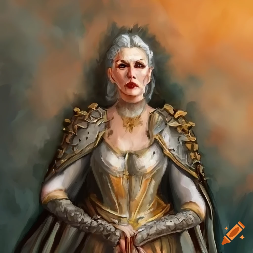 Fantasy character, aging woman in dark armor gazing at a gothic castle ...