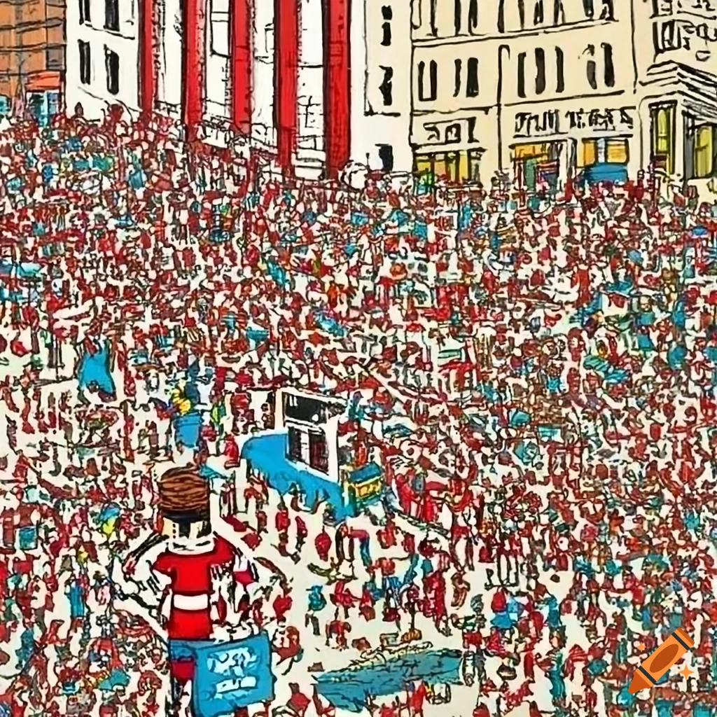Cartoon where's waldo scene in new york city's wall street on Craiyon