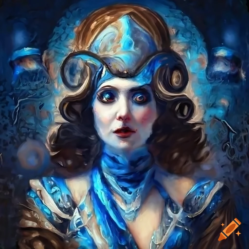 Magician woman in fantasy outfit working in a moonlit lab surrounded by ...