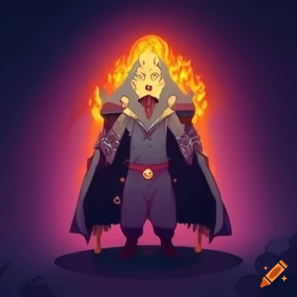 Evil king with sword and fireball surrounded by goblin servants in a ...