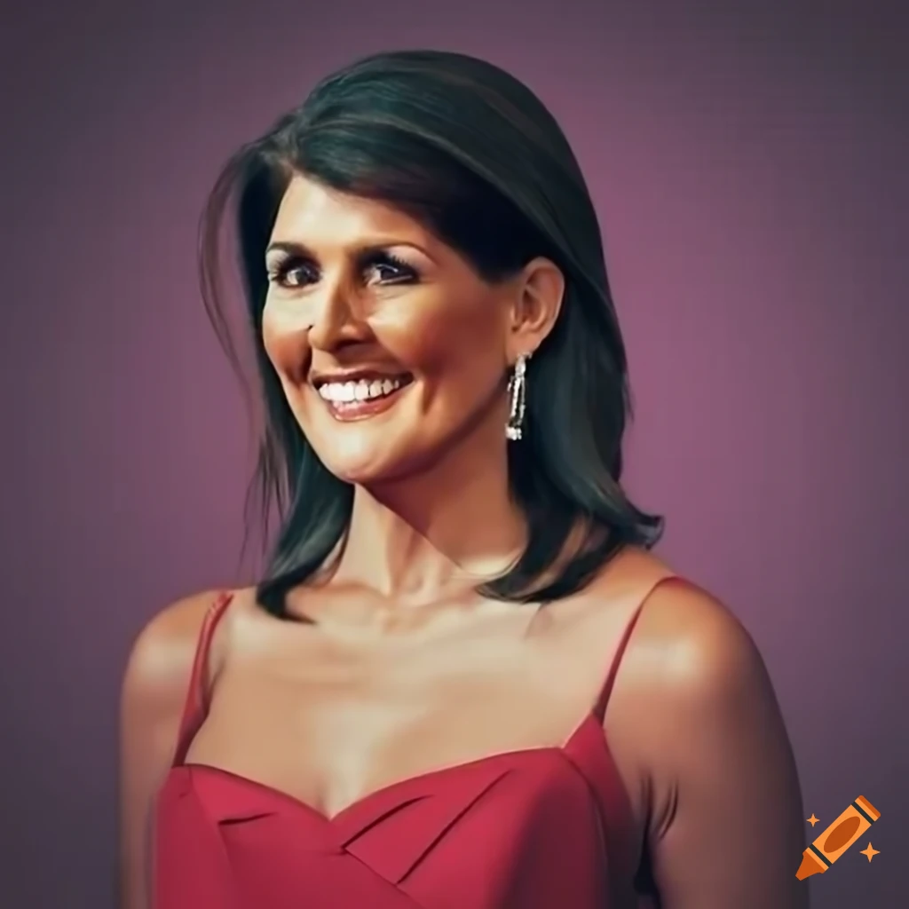 Nikki Haley in elegant evening dress on red carpet with soft ...
