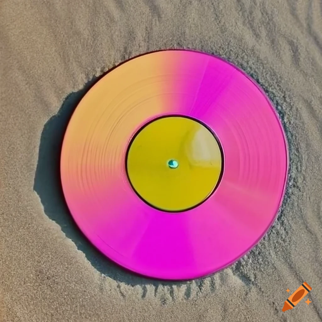 Pink and yellow vinyl record on a coastal beach under the sun on Craiyon
