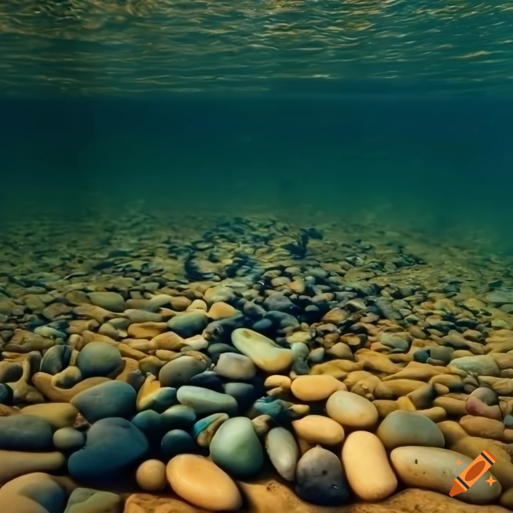 Underwater stream with detailed pebbles and sandy bottom on Craiyon