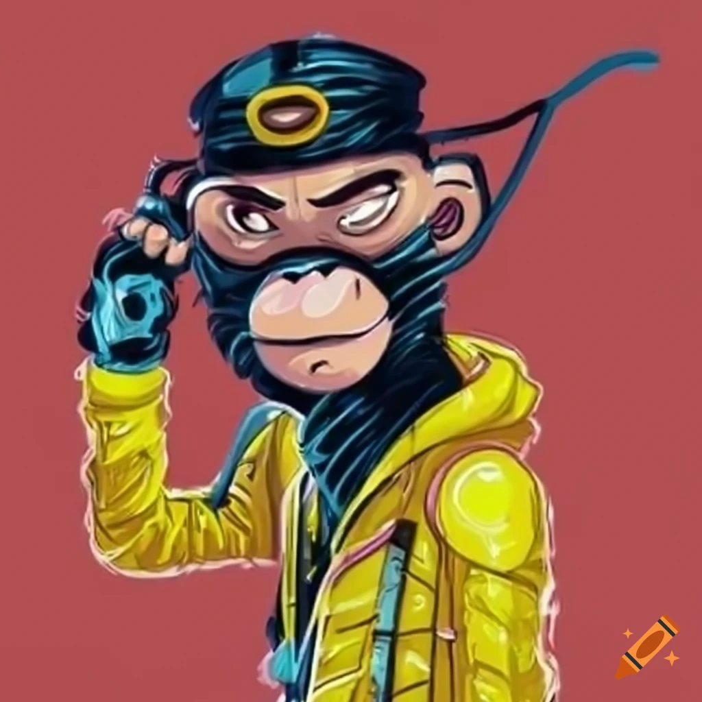 Cartoon cyberpunk ninja monkey in a stylish yellow jacket with gadgets in a cityscape background ...