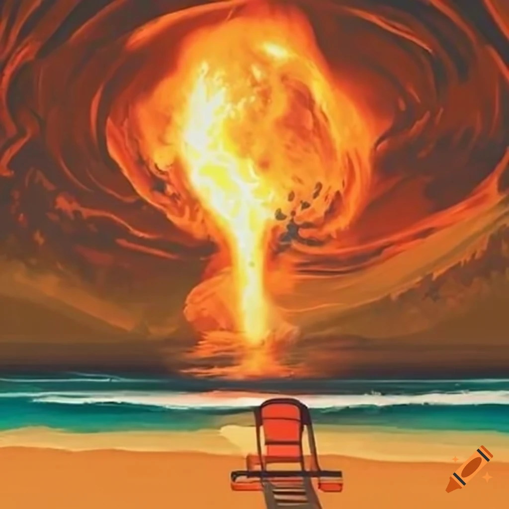 Atomic explosion on a paradisiac beach with a guy seated on an orange ...