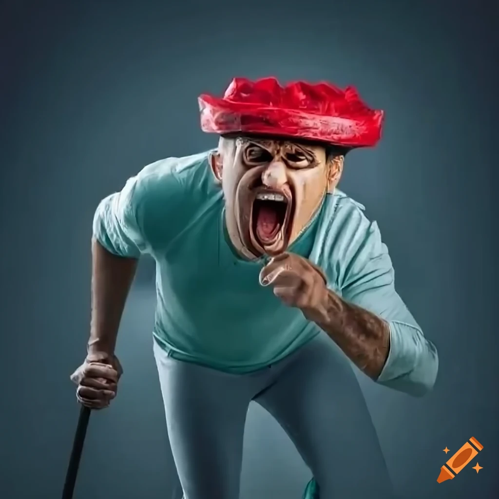 Angry man in pie mask holding a garden rake running out of clothing ...