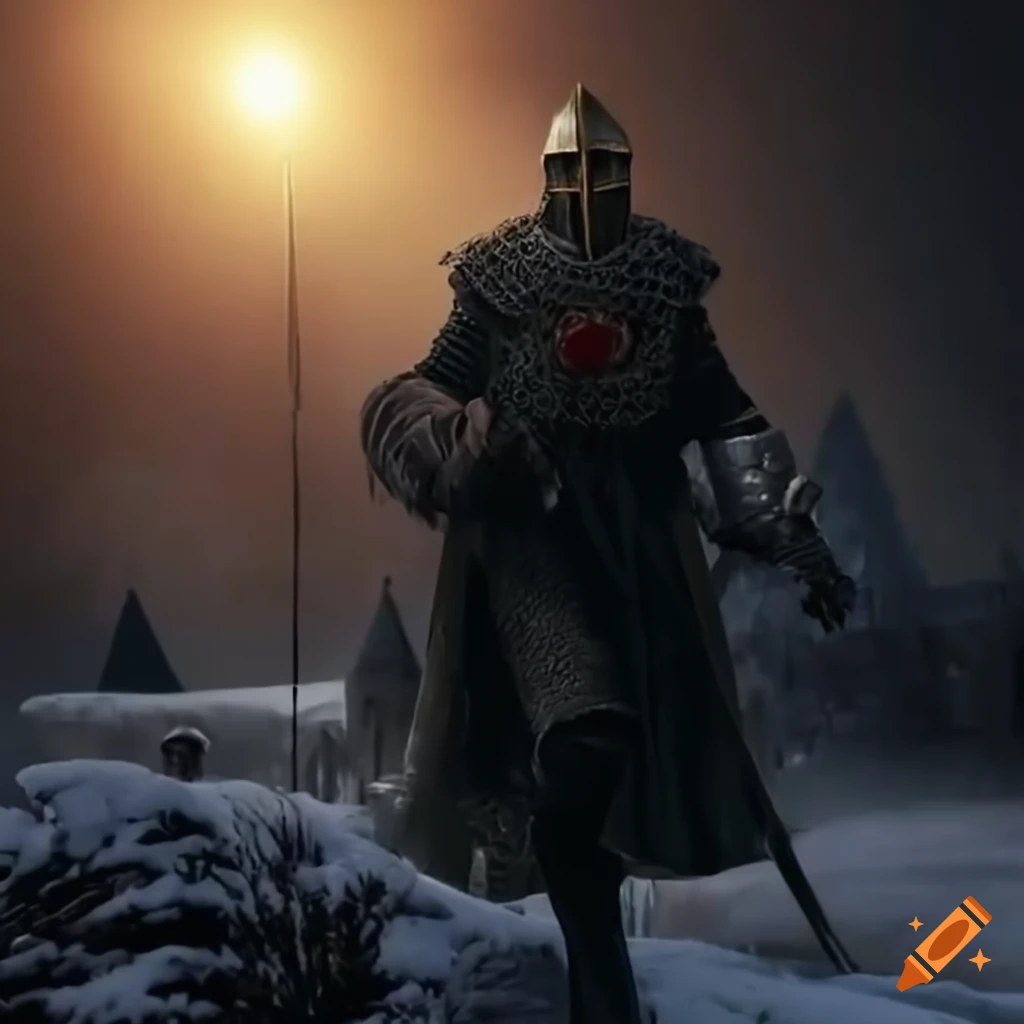 Tired crusader knight walking to castle in winter storm on Craiyon