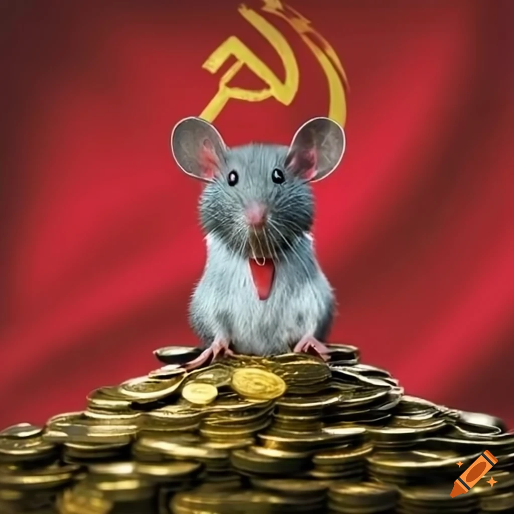 Comical rat in fancy attire with gold coins and Soviet flags on Craiyon