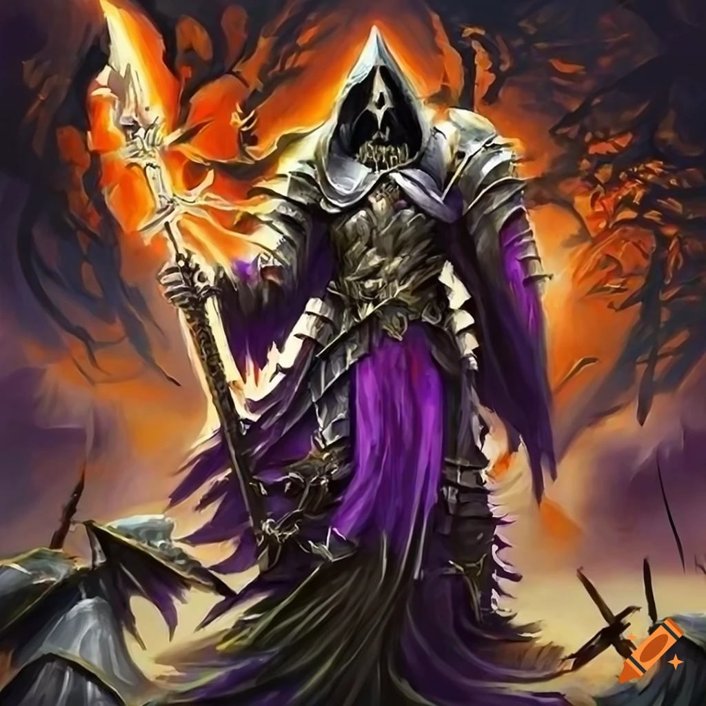 Powerful undead reaper dark knight in armor holding a scythe in a ...