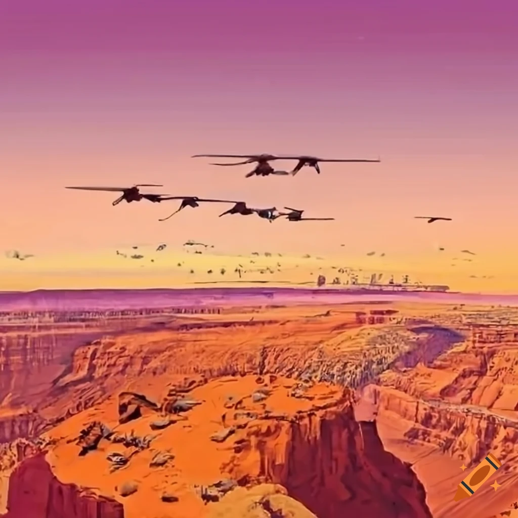 Bird-like and insect-like aircraft flying over monument valley in the ...