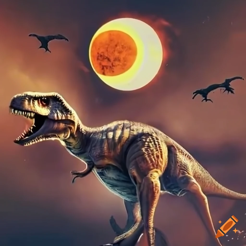 Solar eclipse with roaring T-rex dinosaur on Craiyon