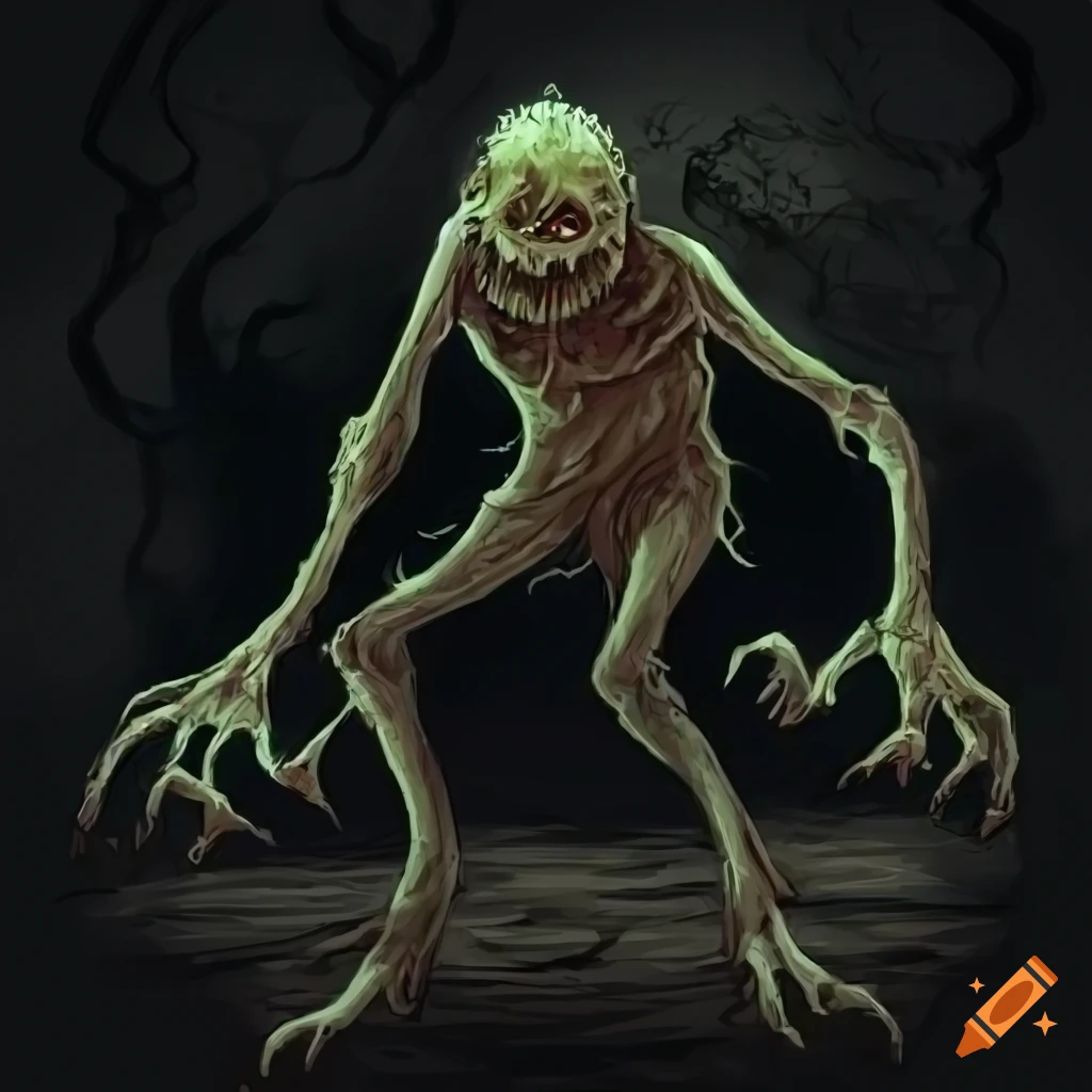 Lovecraft style monster with glowing eyes, visible bones, emerging from ...
