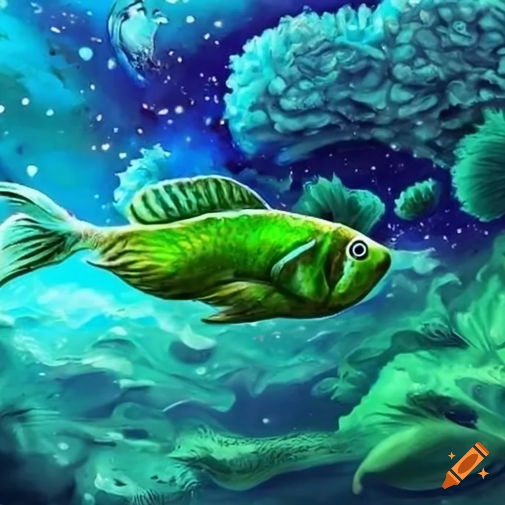 Green fish swimming in space on Craiyon