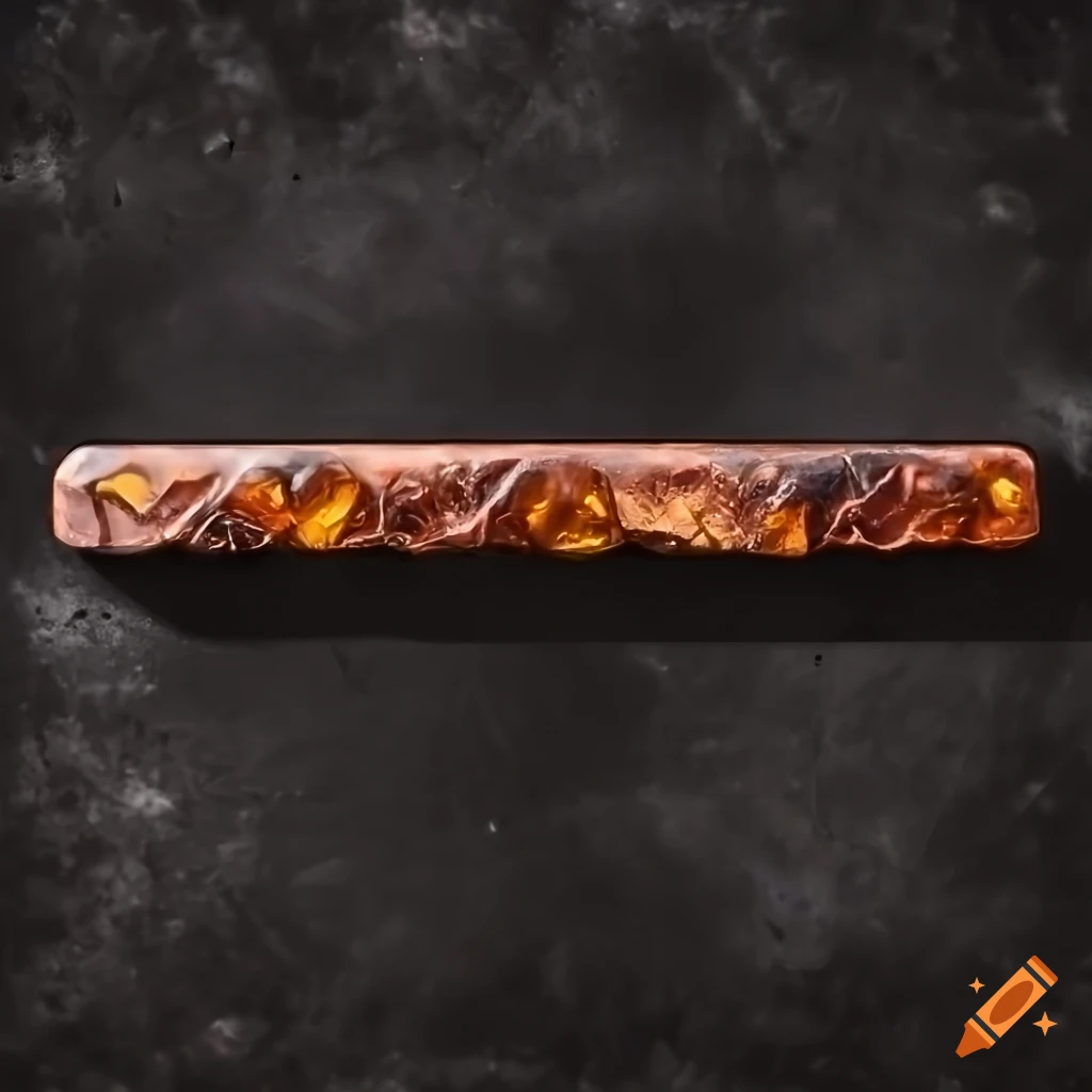 Amber gemstone copper metal-plated iron bar on dark concrete background ...