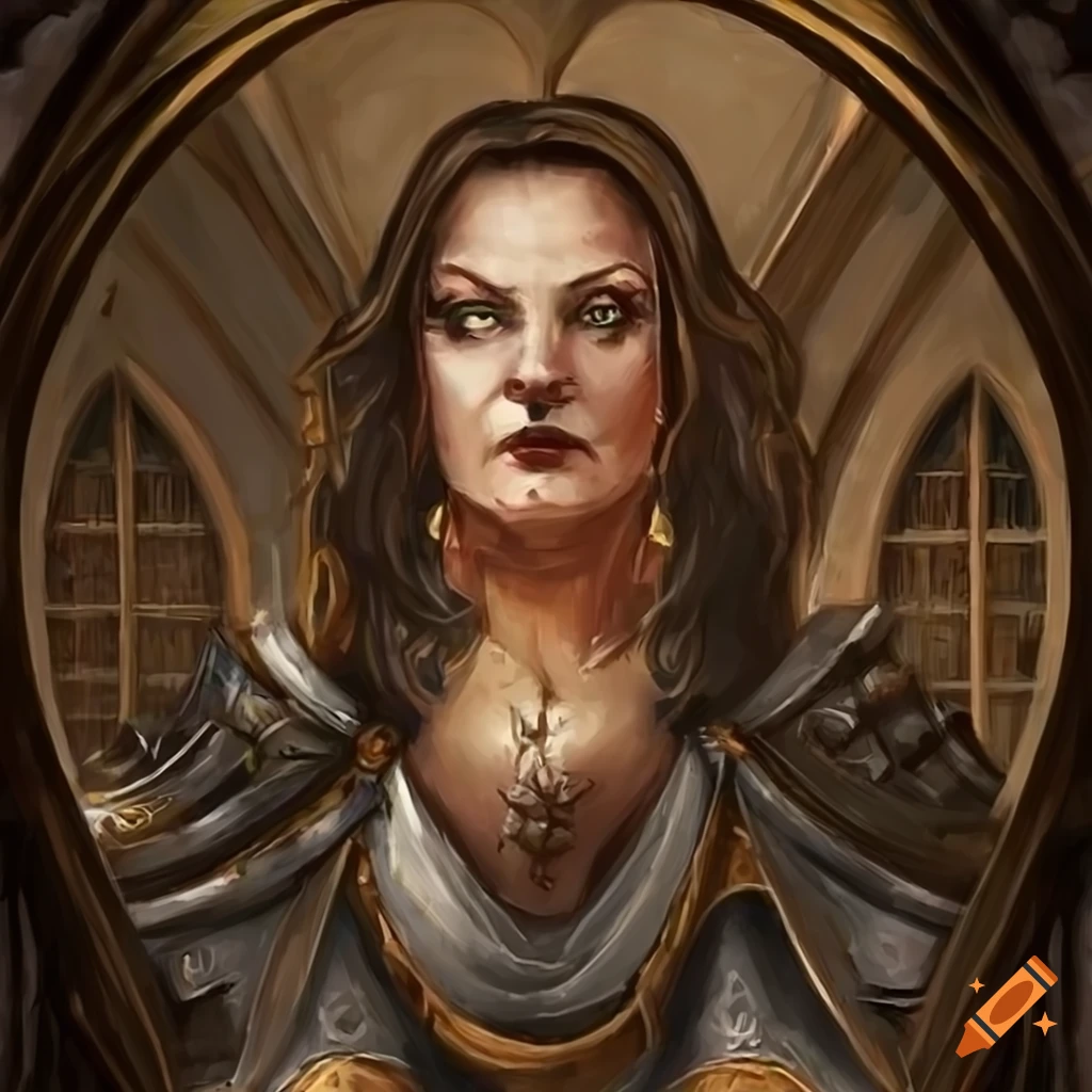 Fantasy character - aging woman in dark armor near a gothic castle ...